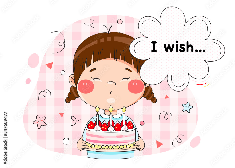 Cartoon cute girl celebrate Happy Birthday with cake and candles. The ...