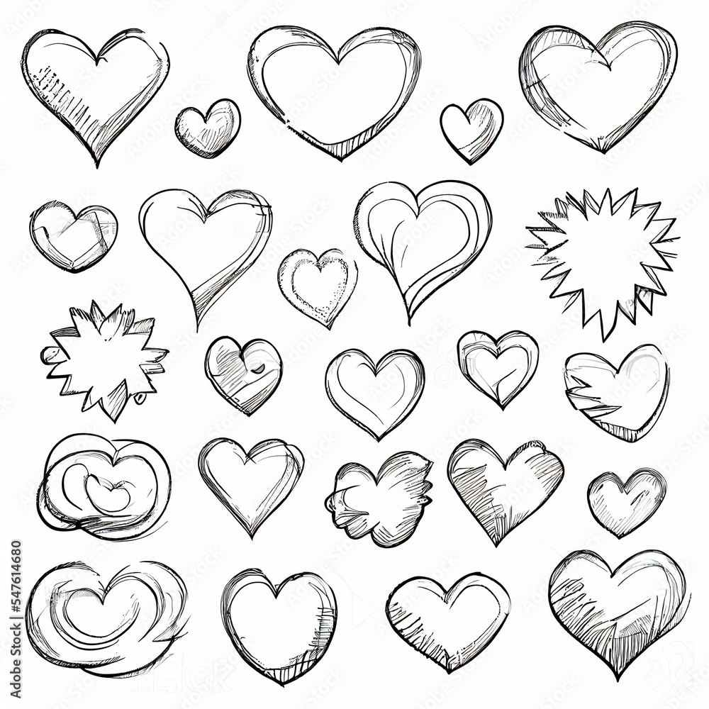 Heart Drawing Icon set, symbol, sketch or outline style Stock ...