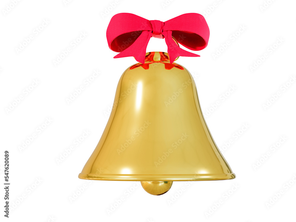 Golden metal bell 3D rendering with red bow isolated on a transparent ...