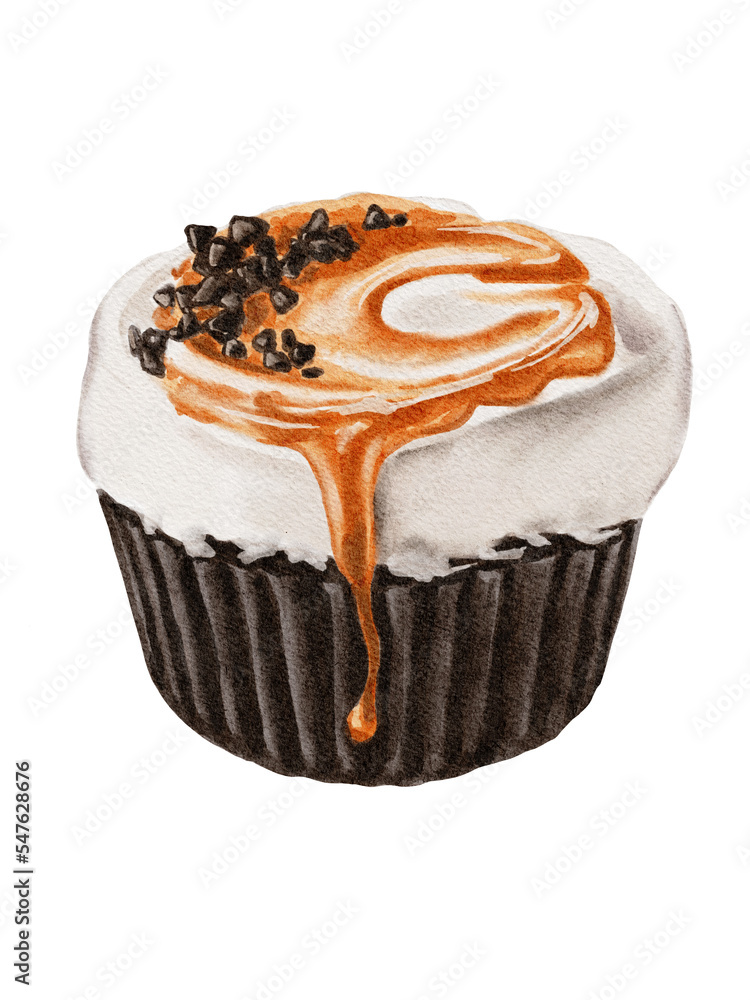 Watercolor illustration Caramel cupcake Dessert Chocolate cupcake ...