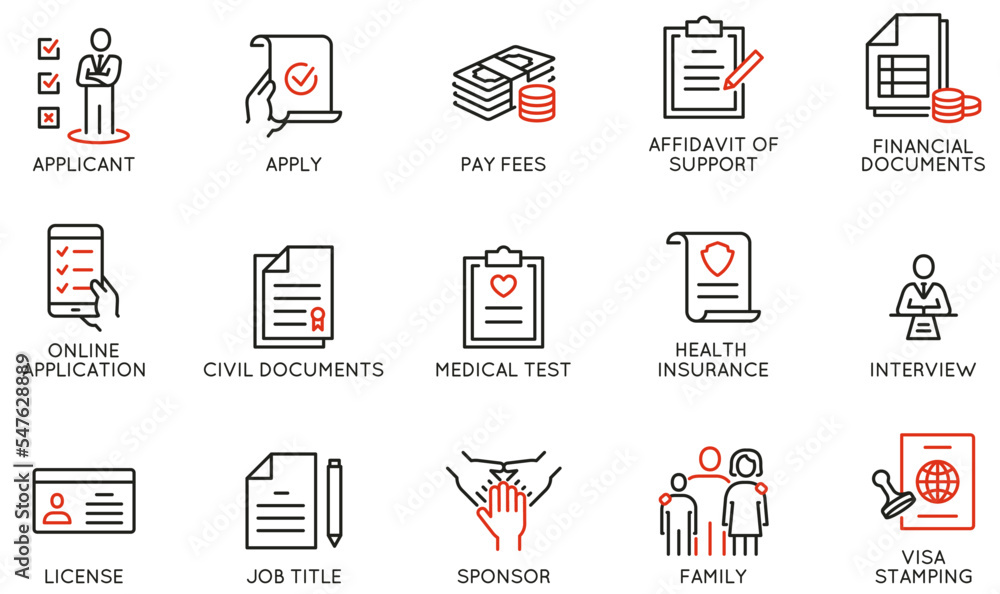 Vector set of linear icons related to emigration process and required ...