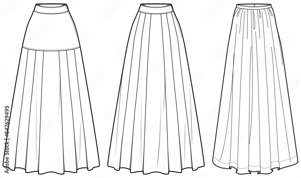 Women long Skirt flat sketch vector illustration, Set of womens long ...