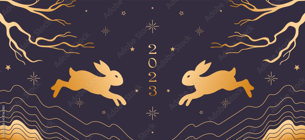 Rabbit, symbol of Chinese New Year 2023. Bright vector vintage banner ...