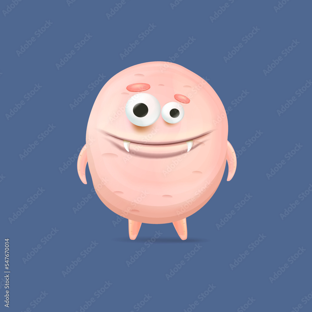 Vector cartoon funny pink alien monster isolated on blue background ...