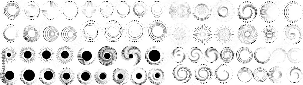 Design elements with circular halftone dots. Vector rotating dotted ...