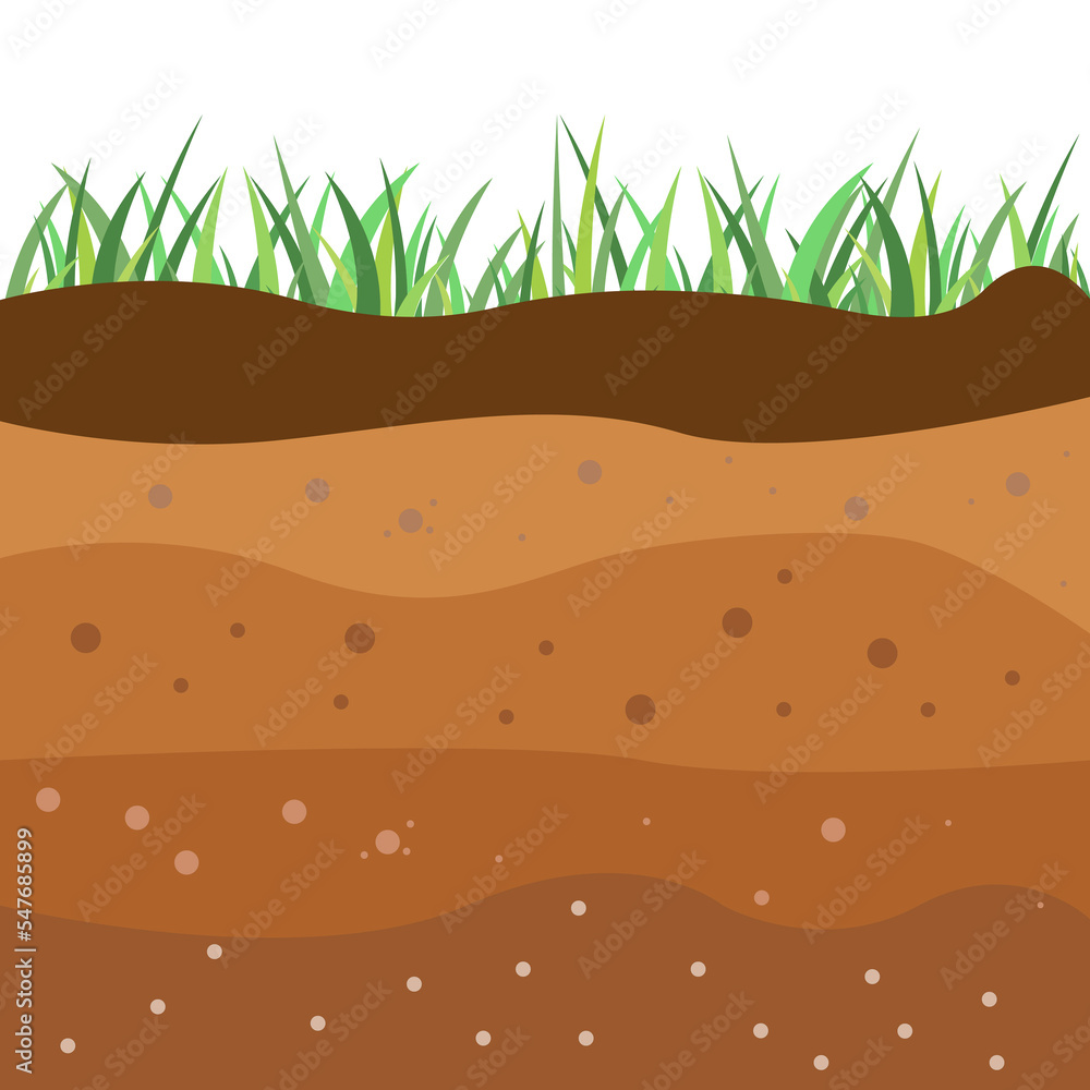 Underground soil layers, green grass surface.Brown clay structure ...
