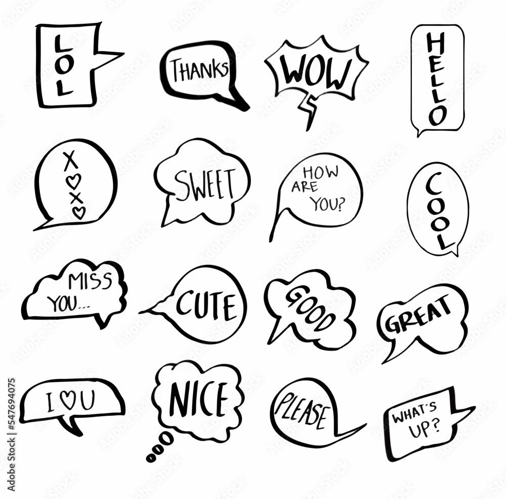 set hand drawn doodle speech bubbles of LOL, thanks, LOL, hello, xoxo ...