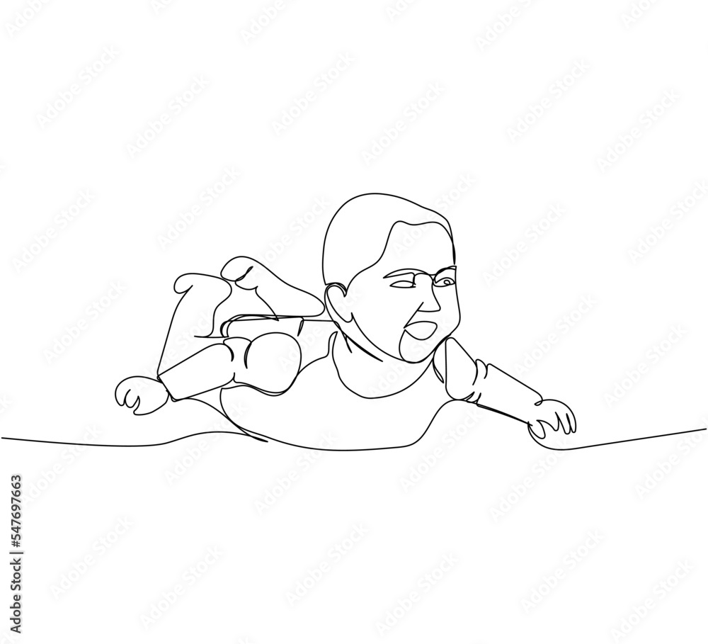 Newborn baby lies on his stomach and smiles one line art. Continuous ...