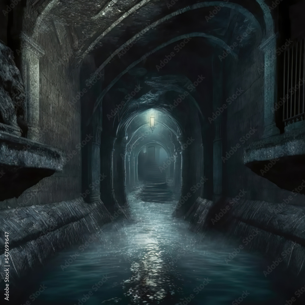 AI generated image of scary endless medieval catacombs with torches ...