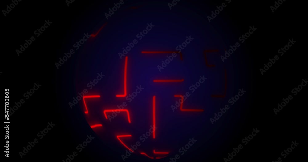 Red glowing line animated by rotation and looped into a sphere on a black background with a blue ...