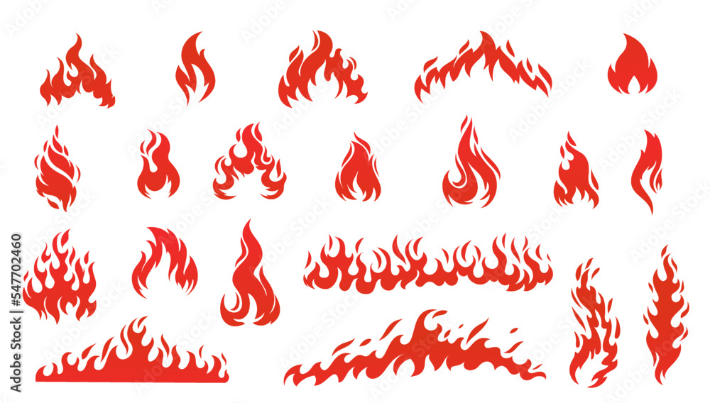 Red flames icons set vector illustration. Silhouette of hot flame fire ...