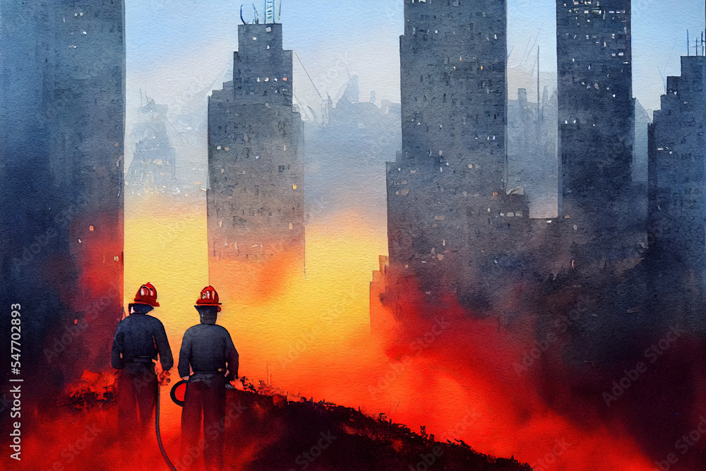 Digital illustration of two firefighters overlooking NYC skyscrapers on ...