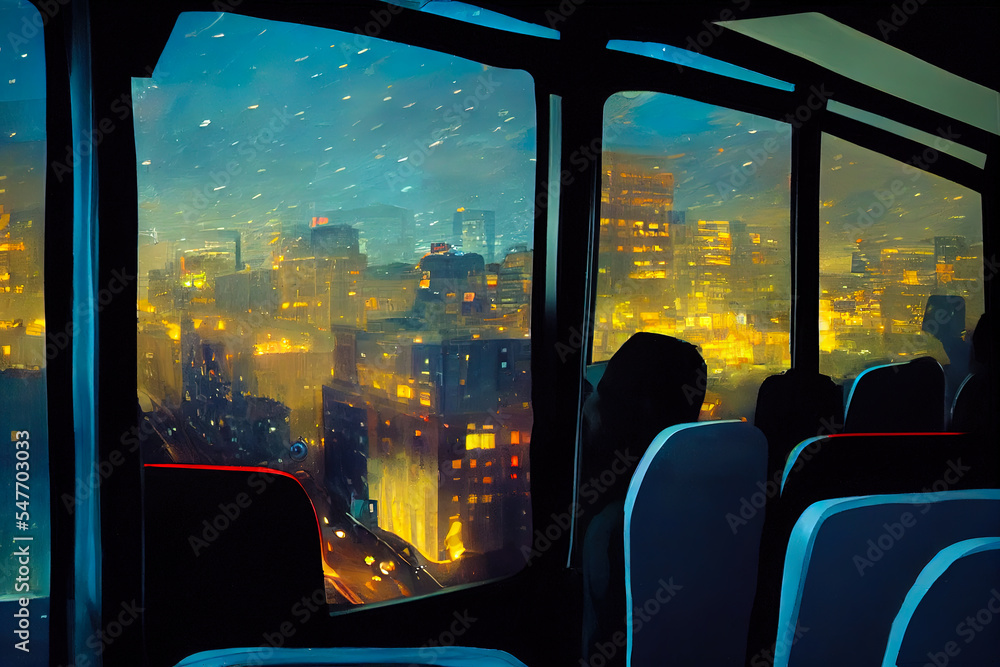 Watercolour illustration of interior of a bus with a window view ...