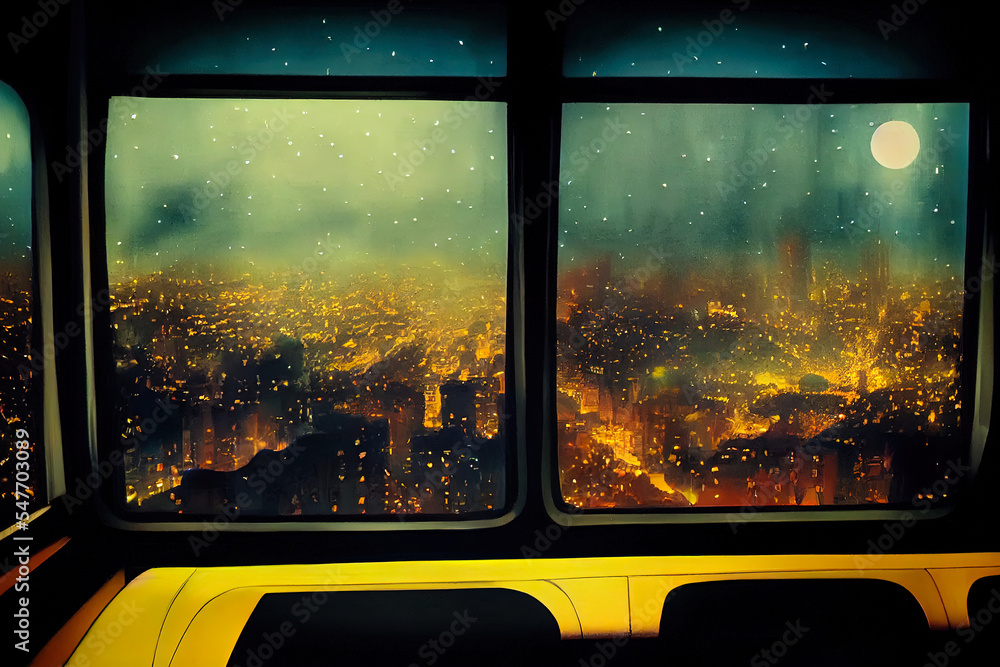 Interior of a bus with a window view towards a night city with ...