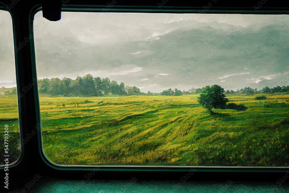 Looking out of the bus window at green fields and rural landscape ...