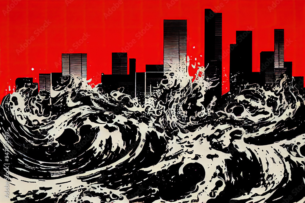 Digital graphic artwork featuring large waves coming towards the city ...