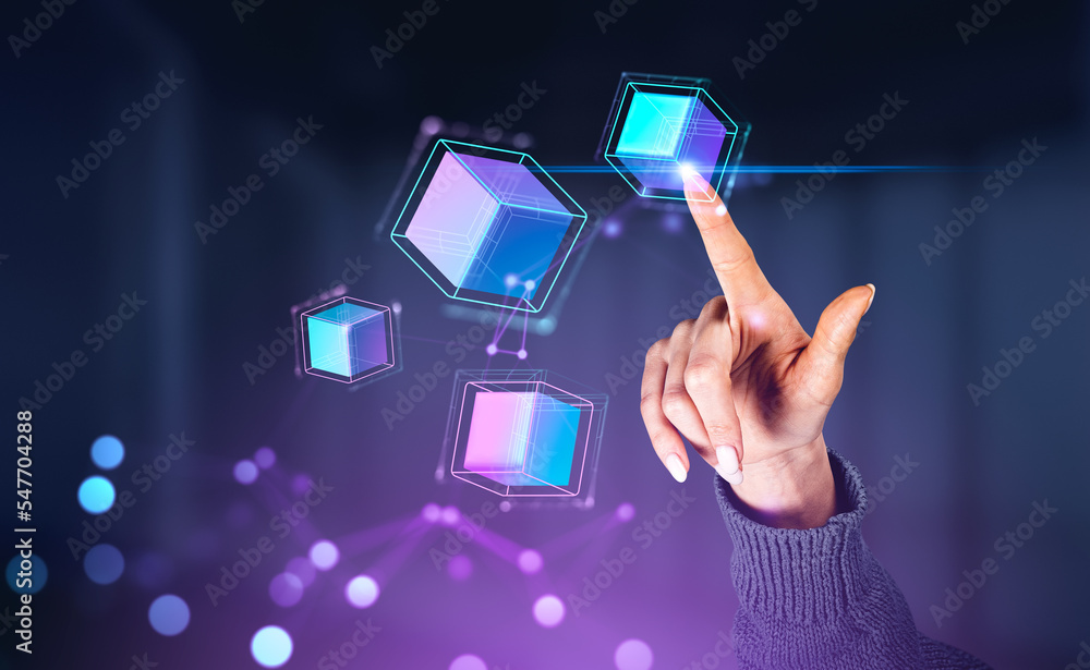 Businesswoman Touching Digital Interface With Holograms Of Virtual