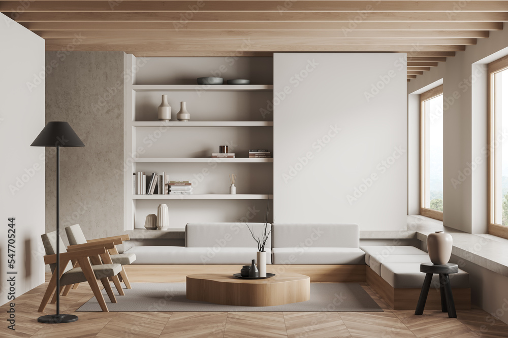 Front view on bright living room interior with empty wall ilustração do ...