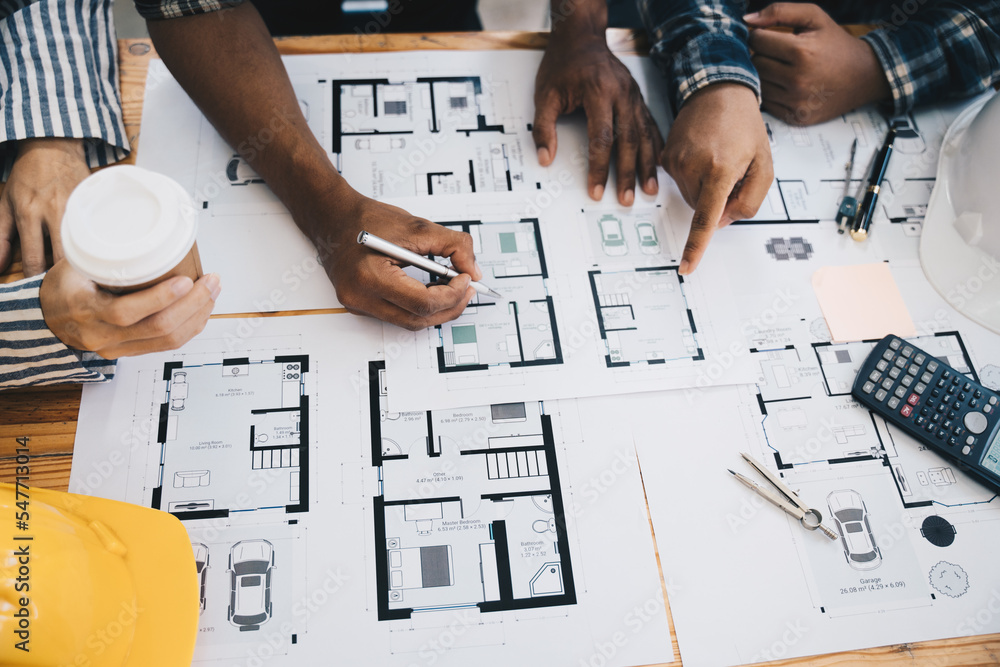 Architecture Engineer Teamwork Meeting, Drawing and working for ...