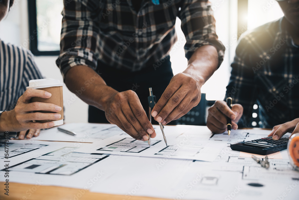 Architecture Engineer Teamwork Meeting, Drawing and working for ...