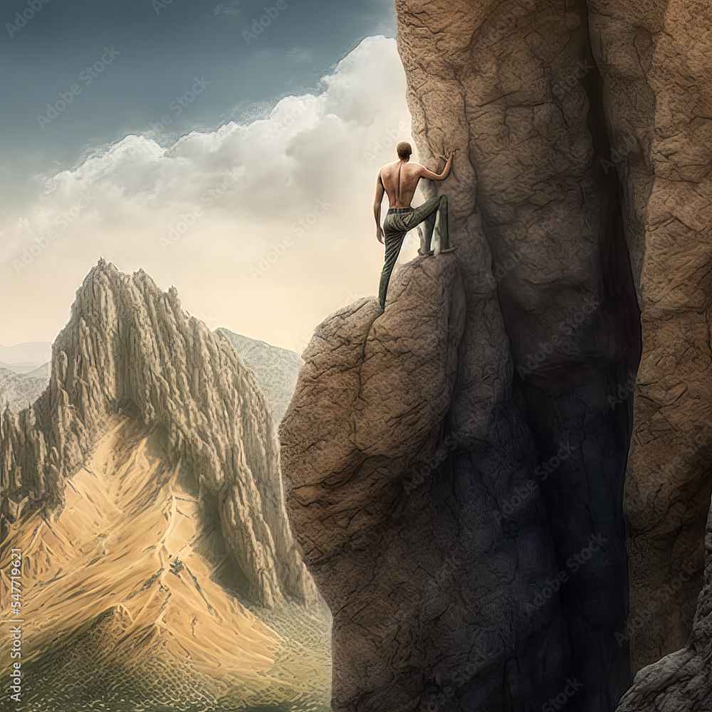 Brave inspirational man climbing a mountain with his bare hands and ...