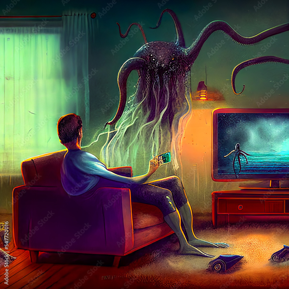 Horror alien octopus with huge tentacles appears in a living room where ...