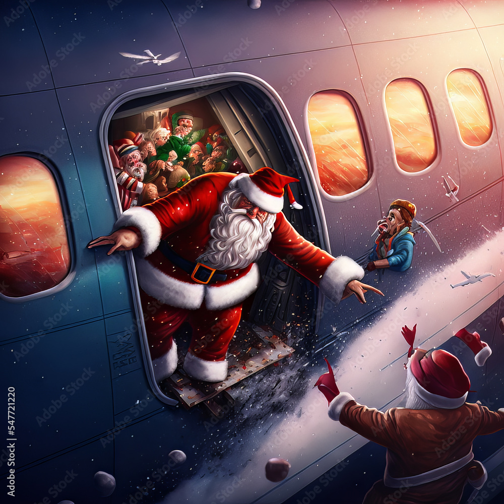 Santa claus is flying through the emergency door of a plane with gifts ...