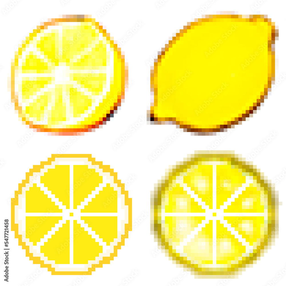 Pixel art, isolated: lemon fruits, bot whole and sliced, in four ...