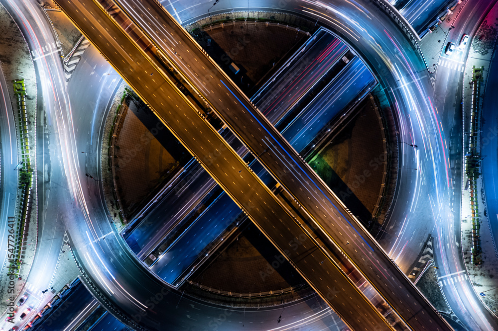 Car, taxi traffic on road intersection at night, traffic transportation ...