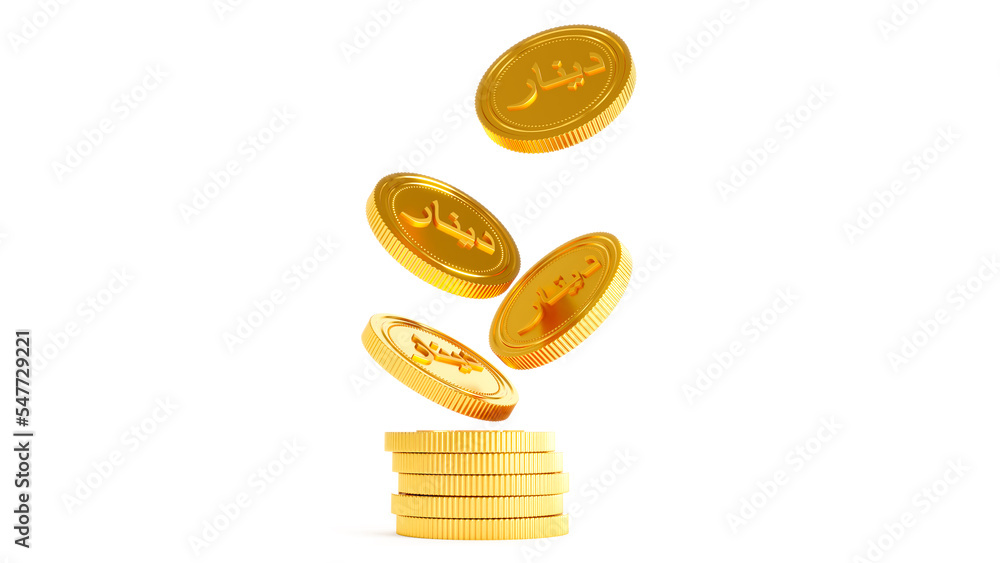 3D render of Islamic dinar coins standing near of stacked golden coins ...