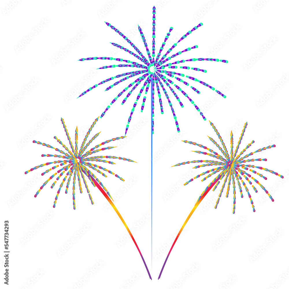 three exploding fireworks with sparks isolated on a dark transparent ...