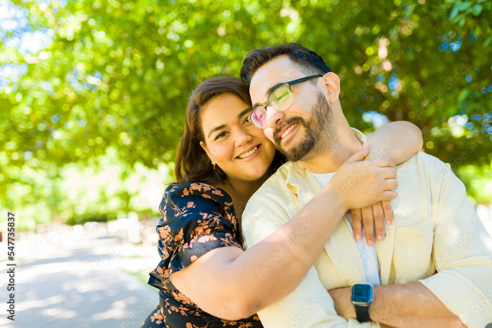 Attractive fat woman hugging her caucasian partner Stock Photo | Adobe ...