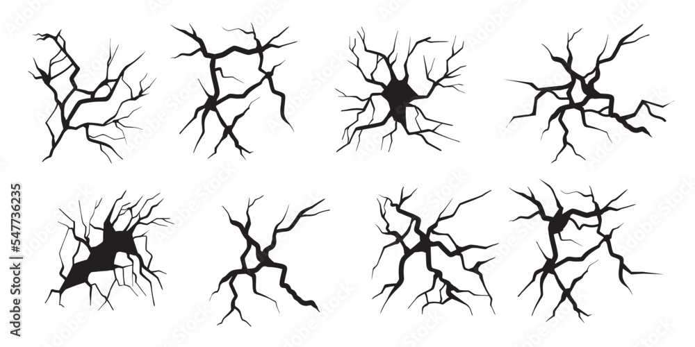 Black crack set, vector broken floor texture, earthquake ground crash ...