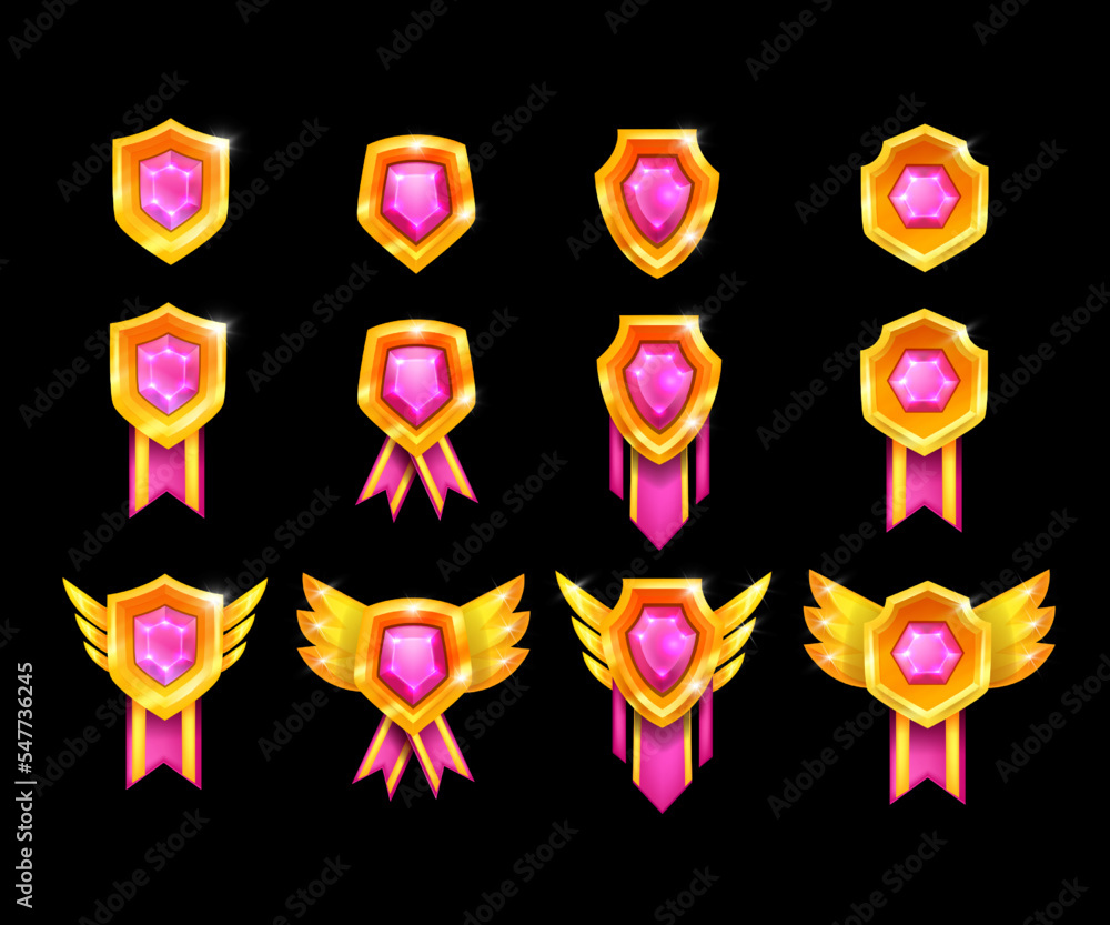 Game badge set, golden certificate medal, certified reward, vector ...