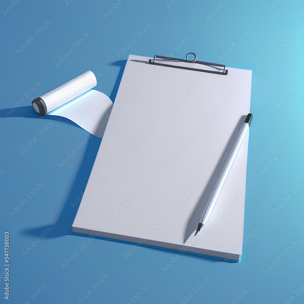 3D blank white sheet, clipboard and pencil floating on blue background ...