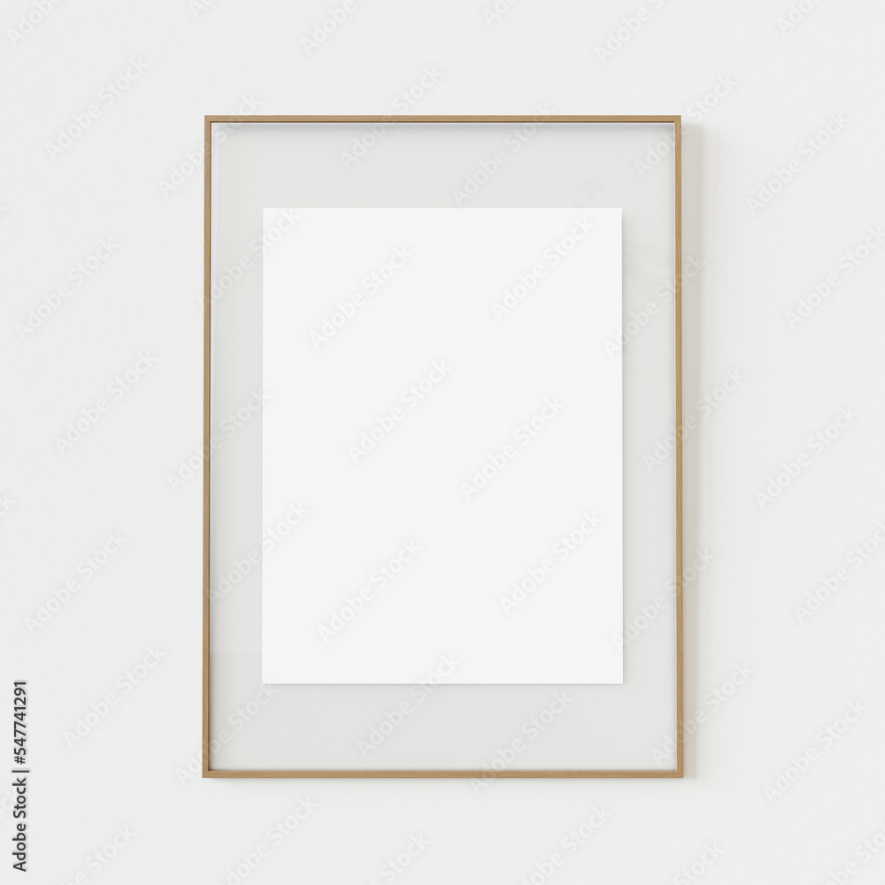 Wooden vertical photo frame portrait position on white wall background ...