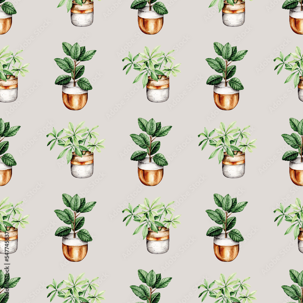 Seamless pattern with watercolor flower in pot, repeat floral texture ...