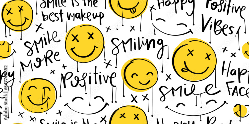 Smiling emoji face drawing and text words. Seamless pattern repeating ...