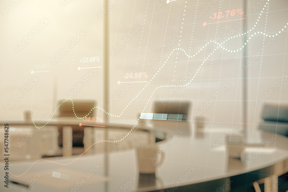 Abstract virtual analytics data spreadsheet on a modern coworking room ...