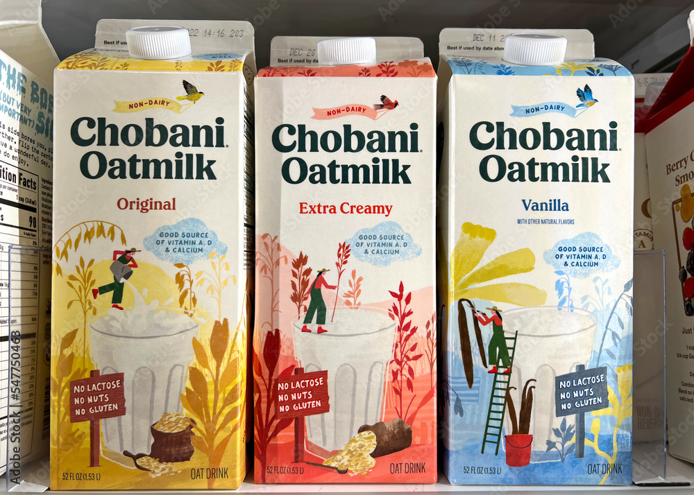Alameda, CA - Oct 11, 2022: grocery store shelf with cartons of Chobani ...