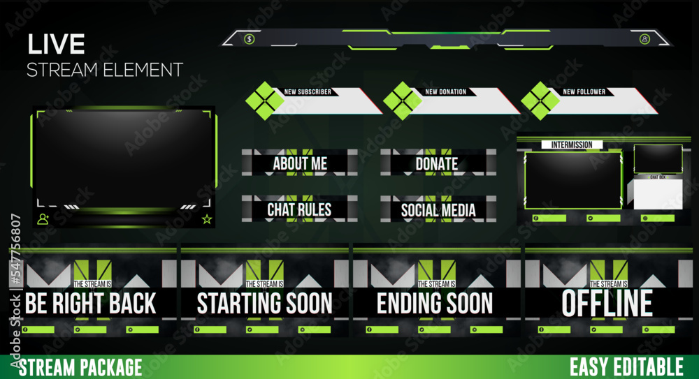 Green abstract Live Stream Gaming facecam, overlay, alert, panal ...