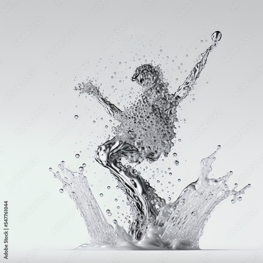 Artistic abstract water splash forming a human shape with its arms up ...
