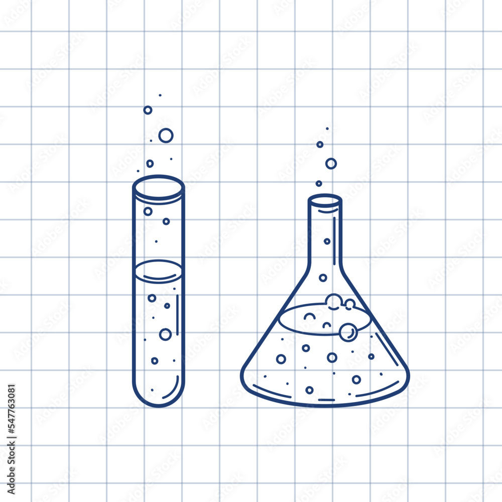 Hand drawn chemistry flasks in sketch style isolated on white checkered ...