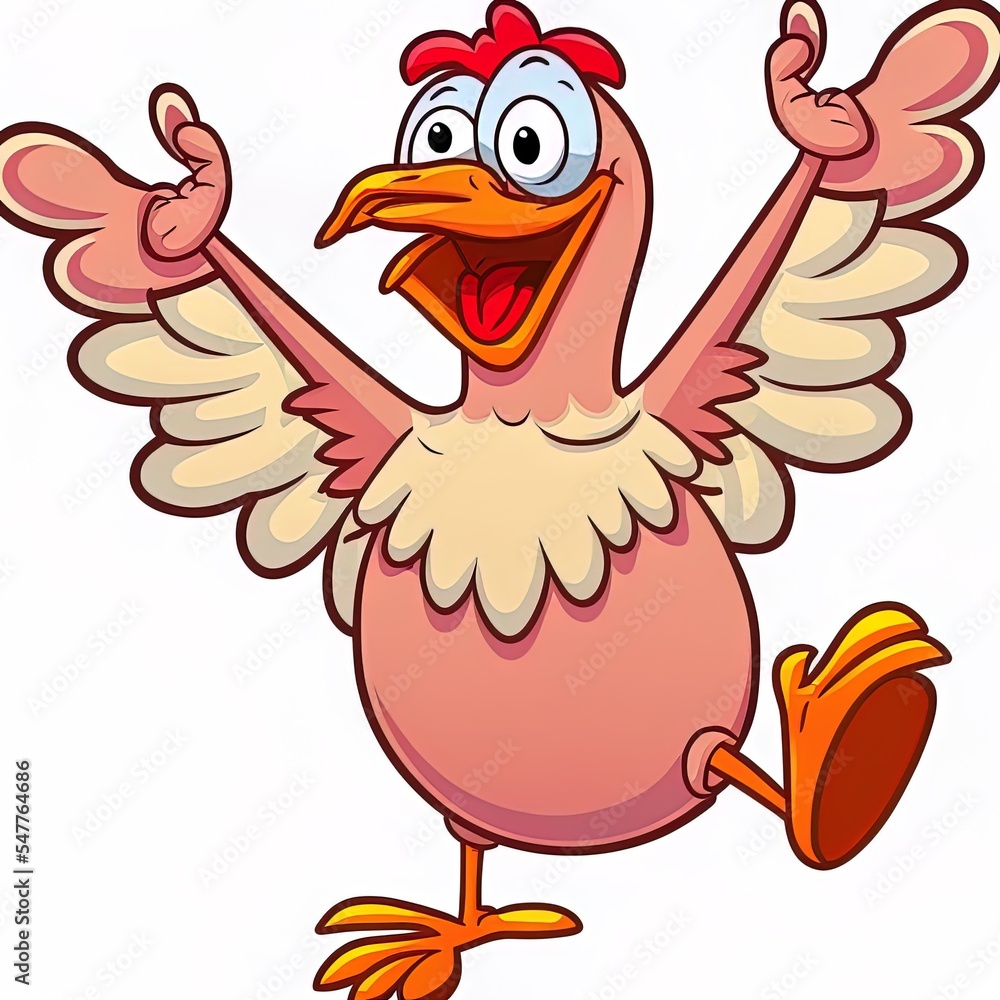Happy cartoon chicken with raised arms. 2d illustrated clip art ...