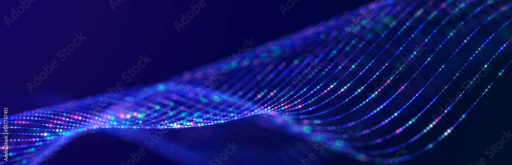 Particle stream. Purple background with many glowing particles ...