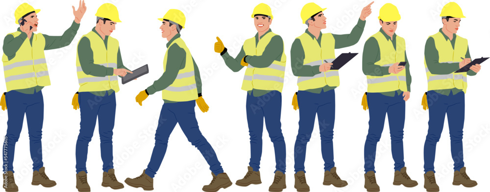 Hand-drawn set of male construction workers with helmets and vests ...