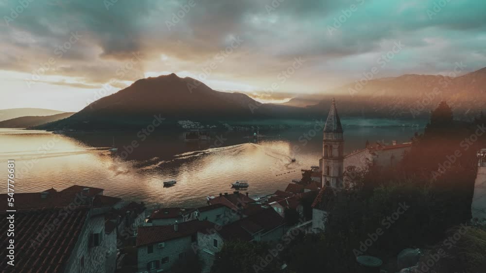 4K time lapse footage of Perast town in kotor bay montenegro on sunset ...
