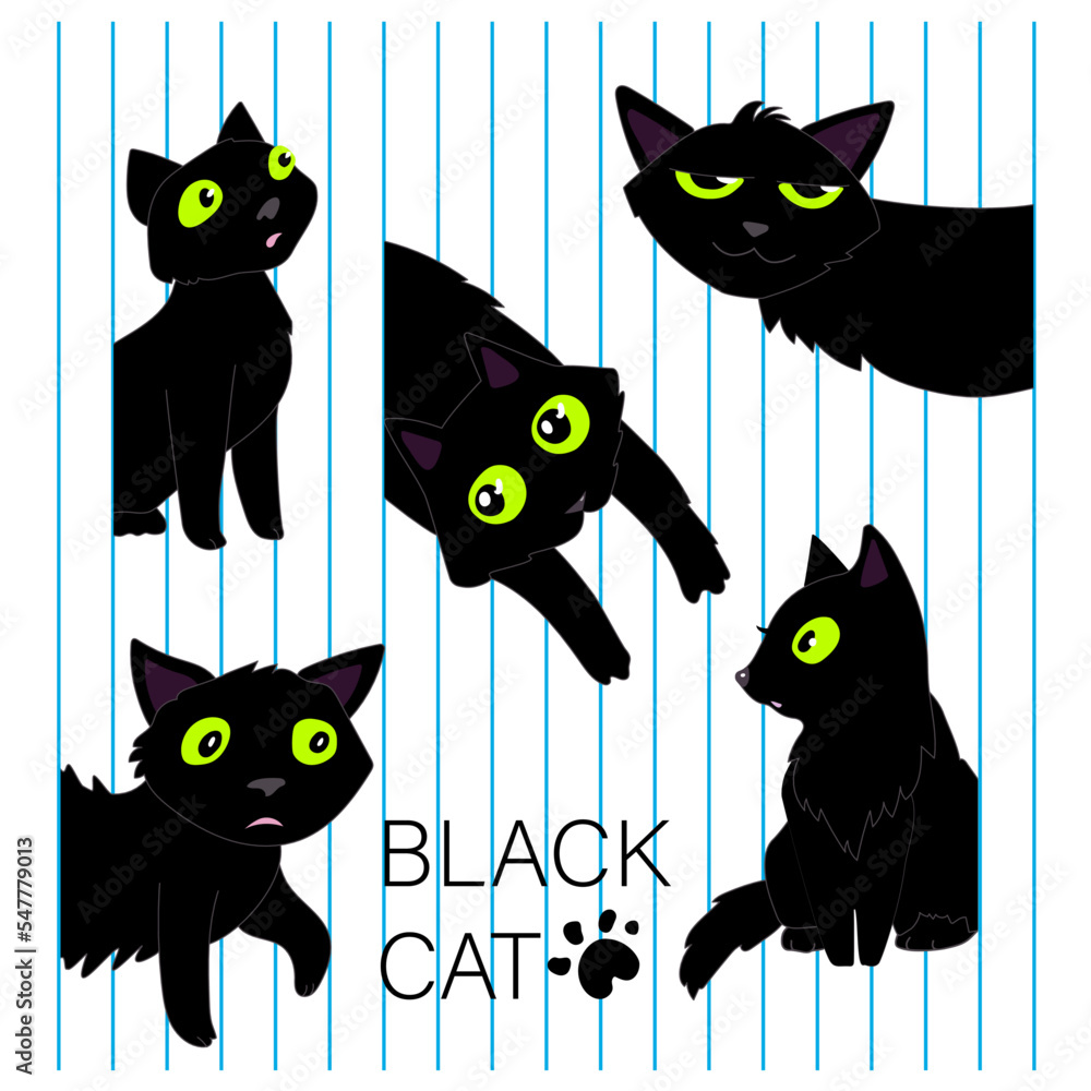 Vector illustration set of black playful black cats. Background for ...