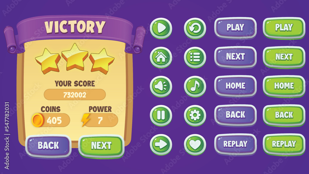 Vector game ui kit. complete set of victory menu scene pop up, icons ...