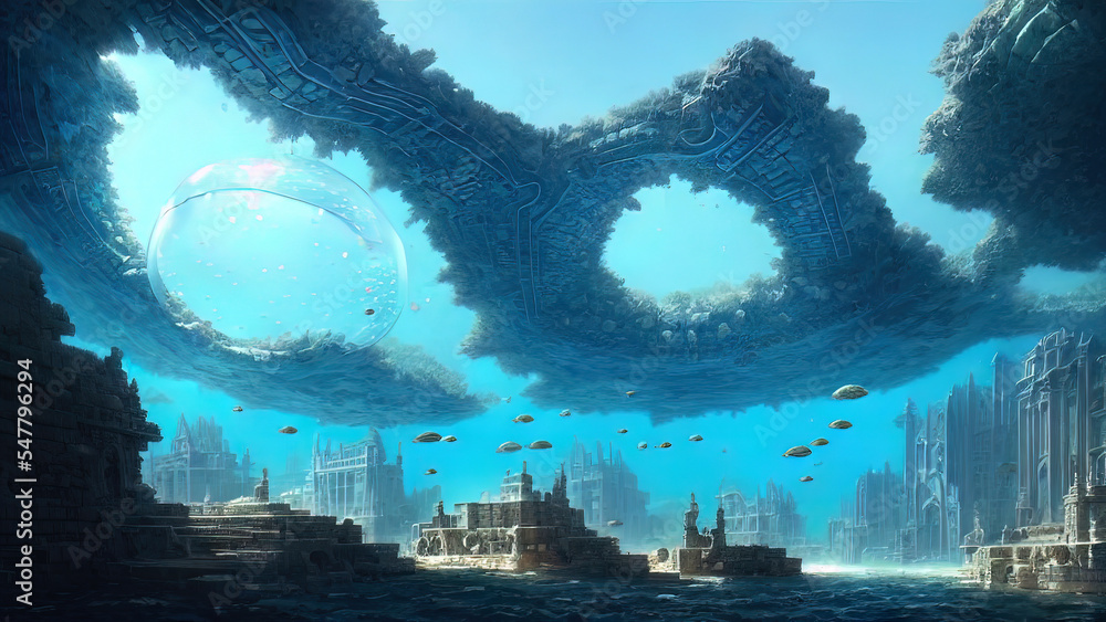Ancient majestic sunken city of Atlantis civilization. Fantasy city at ...